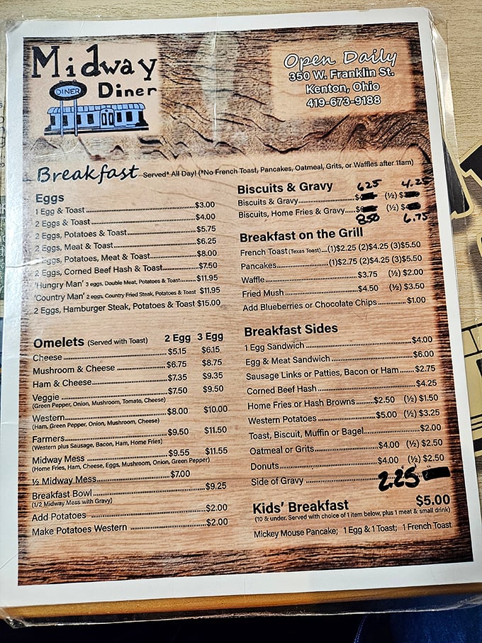This well-worn menu tells the real story—breakfast served all day and Western omelets that deserve their own fan club.