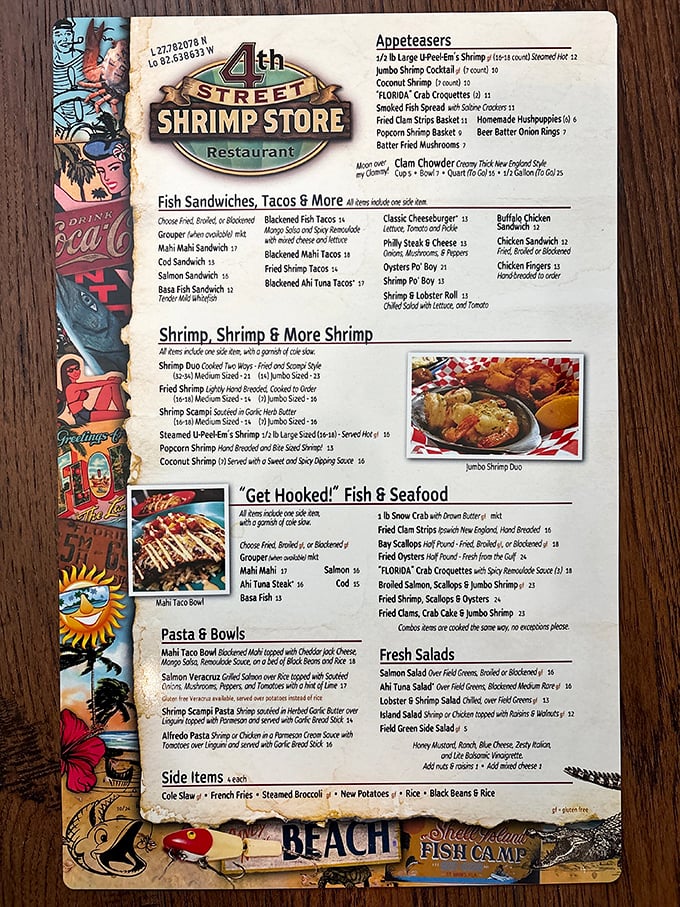 A menu that reads like a love letter to the Gulf of Mexico. The "Shrimp, Shrimp & More Shrimp" section isn't being subtle about the house specialty.