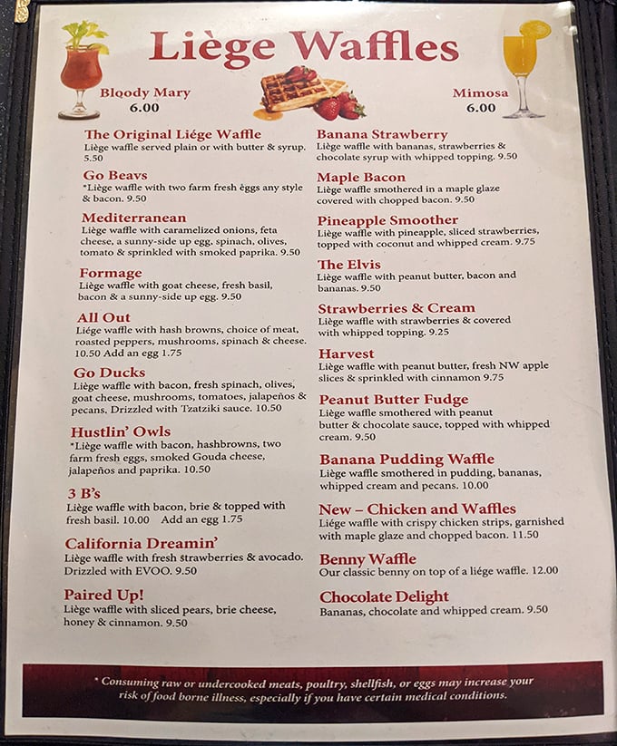 The menu reads like breakfast poetry – each Liège waffle creation more tempting than the last, making decisions harder than choosing a favorite child.