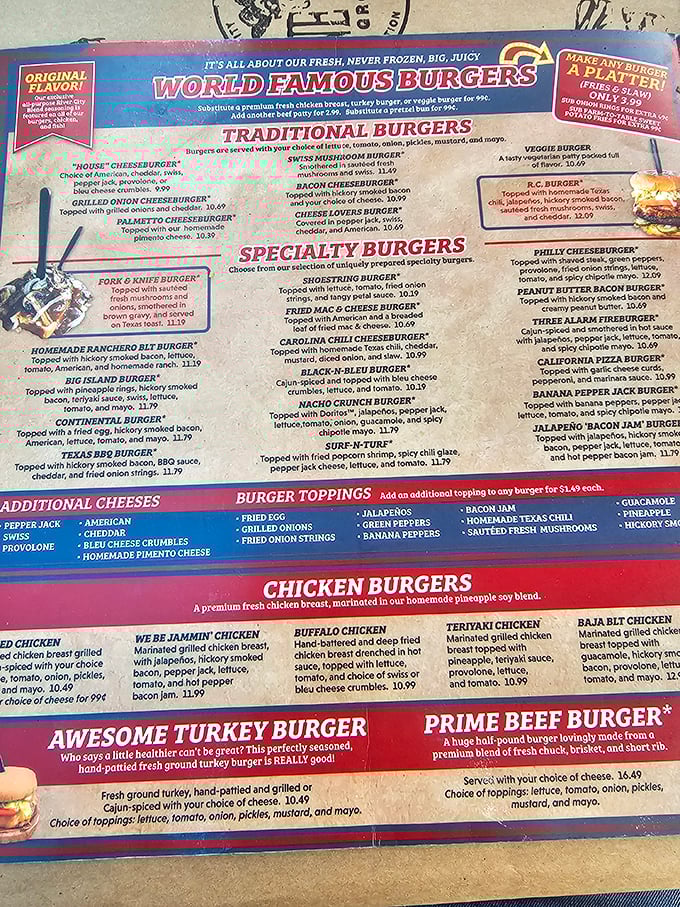 The menu that launched a thousand food comas. Their "World Famous Burgers" aren't just a bold claim—they're a delicious promise.