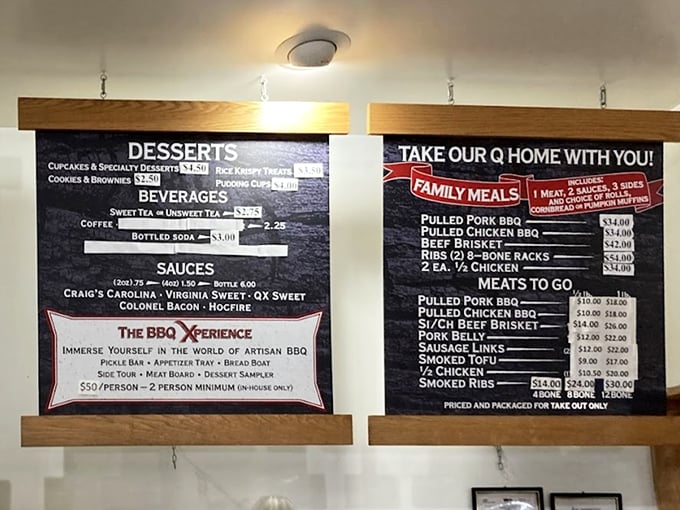 The menu board – a roadmap to happiness where every destination promises smoky satisfaction and potential nap-inducing bliss.
