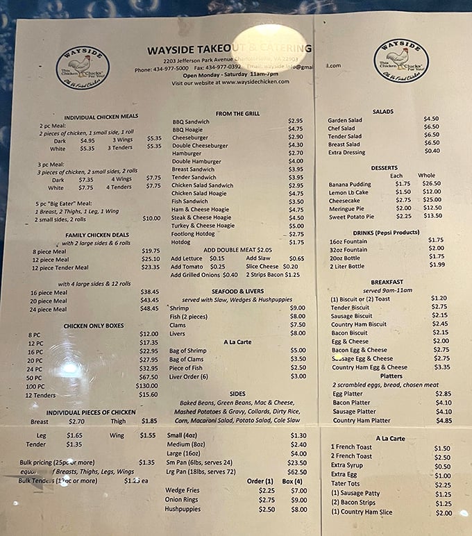 A menu that reads like poetry to hungry souls. No QR codes or digital displays here—just the honest listing of Southern comfort written in black and white.