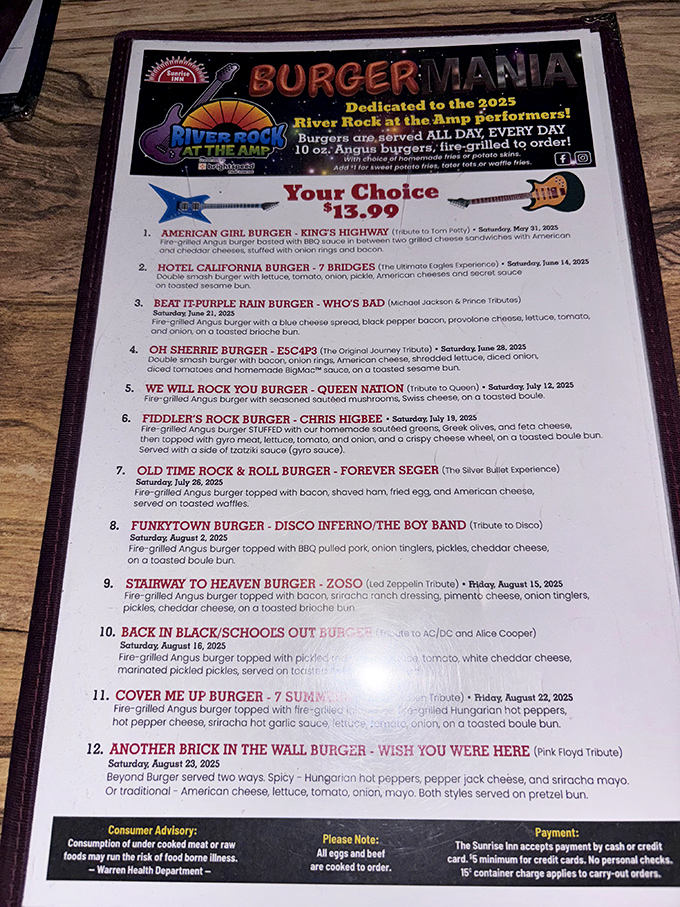 The burger menu reveals creative combinations that would make any carnivore's heart skip several beats.