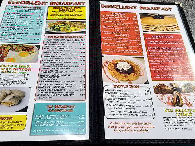 This menu isn't just offering breakfast—it's presenting a manifesto of morning possibilities. The "Super Duper Town Omelette" practically demands your attention.