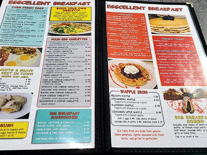 This menu isn't just offering breakfast—it's presenting a manifesto of morning possibilities. The "Super Duper Town Omelette" practically demands your attention.