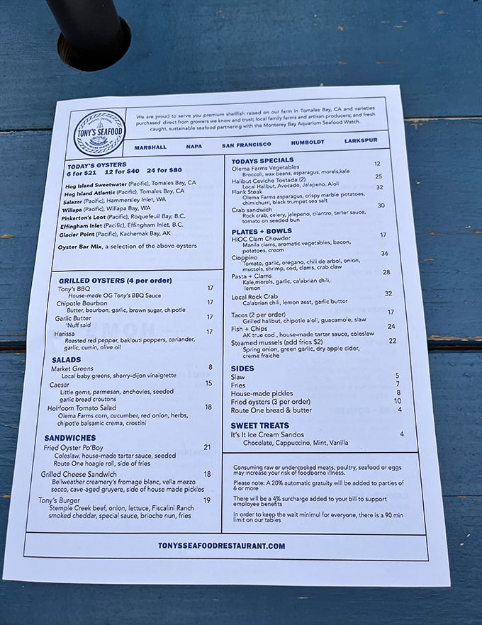 A menu that reads like maritime poetry—Sweetwaters, Kumamotos, and local fish prepared with respect and reverence for the sea.