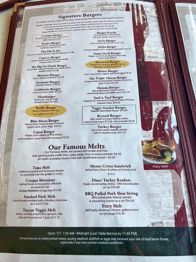 The menu reads like a love letter to American comfort food – each burger promising a different path to delicious satisfaction. 