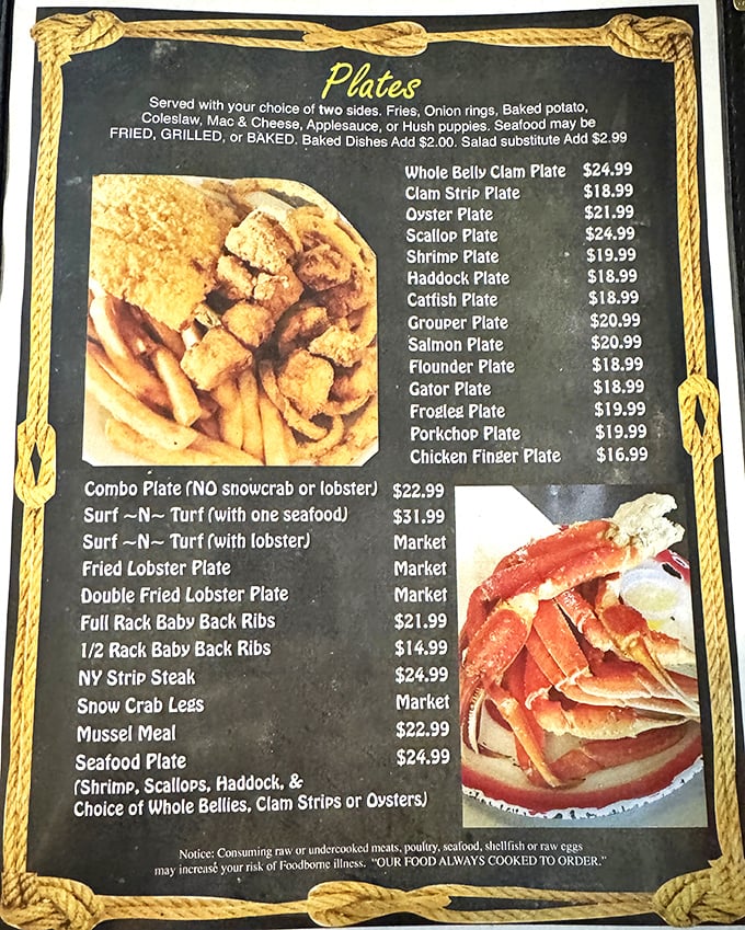This menu isn't just a list – it's a treasure map where X marks the spot for seafood gold, from whole belly clams to lobster feasts.