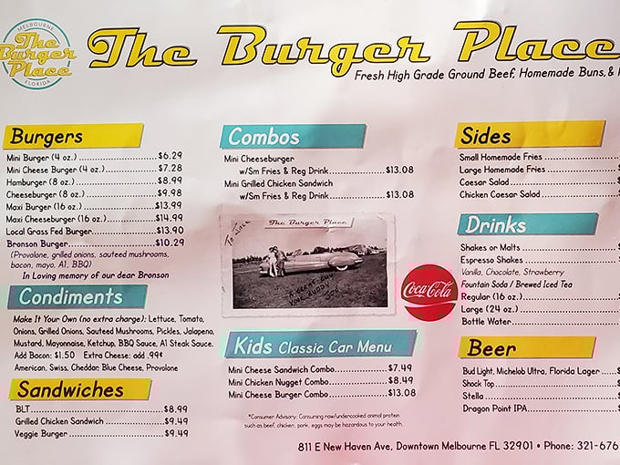 This menu isn't just a list—it's a roadmap to happiness. The Bronson Burger's memorial note hints at the heart behind this place.
