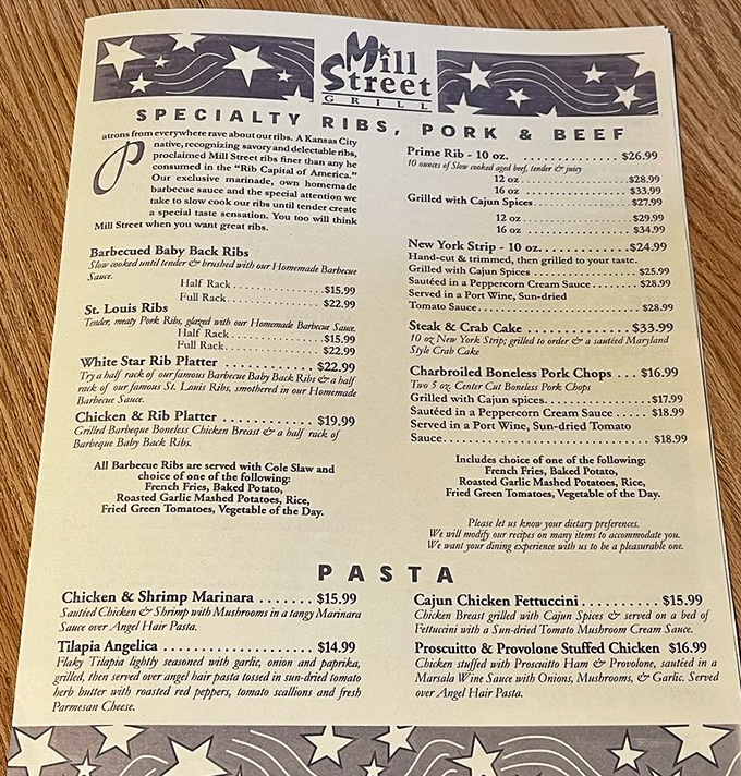 This menu isn't just a list of options—it's a roadmap to happiness. The prime rib section alone could make a vegetarian reconsider their life choices.