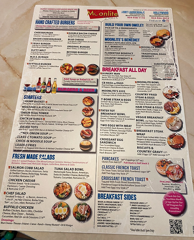 A menu that requires both hands and serious contemplation. Breakfast all day? That's not a luxury—that's a constitutional right at Moonlite Diner.