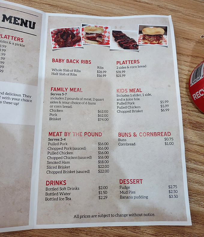 A menu that cuts straight to the chase—meat by the pound, family-sized feasts, and sides that refuse to be afterthoughts.