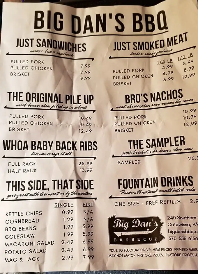 A menu so straightforward it's practically poetry: meat, sides, repeat. Notice how they don't waste valuable paper space on vegetables or regrets.