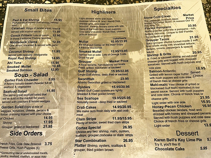 This menu isn't trying to impress with fancy terminology—just straightforward offerings from the Gulf to your plate. Decision paralysis guaranteed.