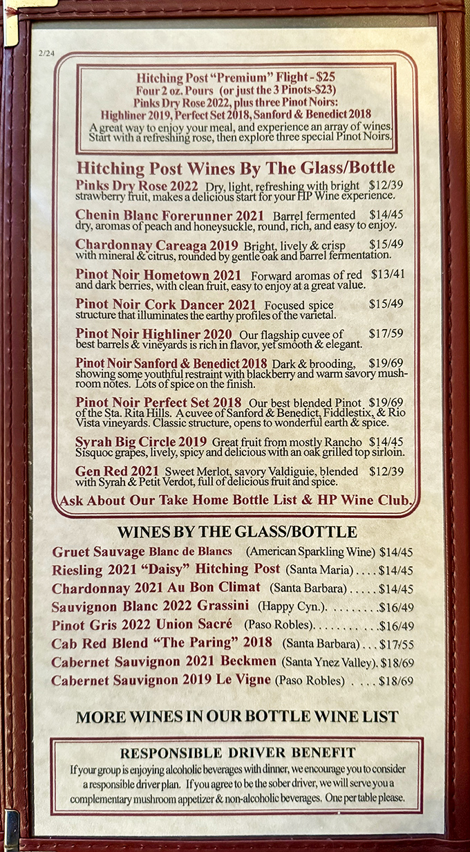 A wine list that reads like poetry for oenophiles. The "Responsible Driver Benefit" shows they care about your taste buds and your safety.