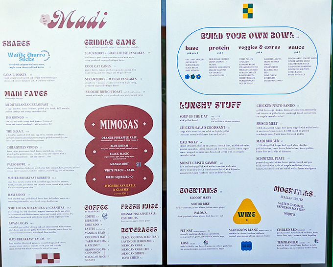 A menu that reads like a love letter to breakfast enthusiasts. The mimosa section alone deserves its own zip code.