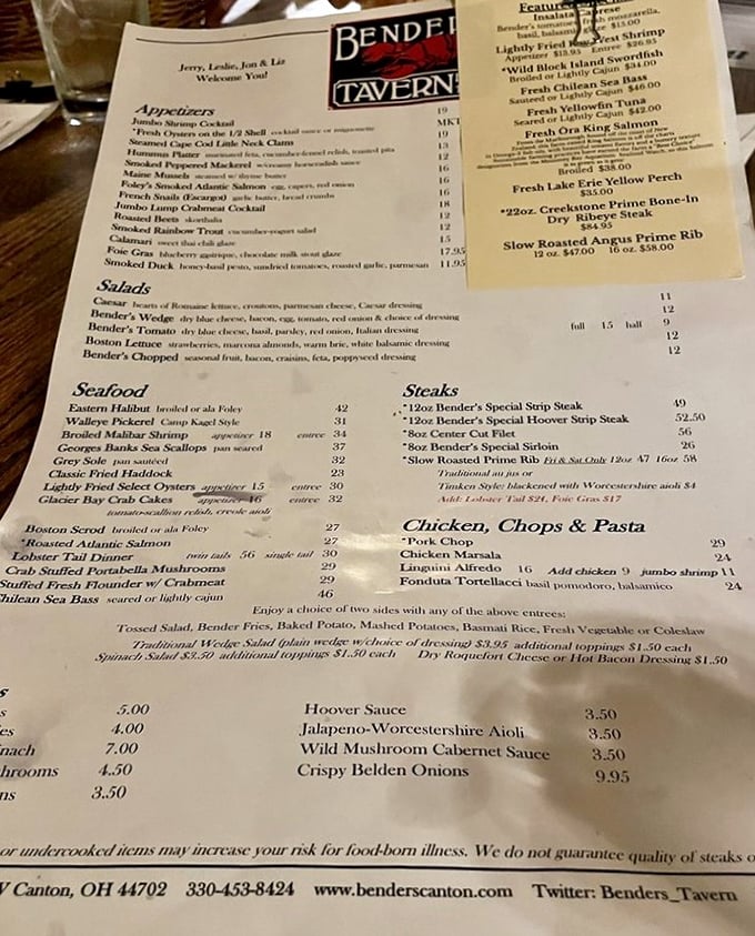 A menu that reads like a love letter to classic American dining. The turtle soup isn't just a dish – it's a Canton rite of passage.