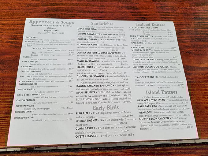 This menu isn't just a list of dishes—it's a treasure map to seafood nirvana. X marks the She Crab soup!