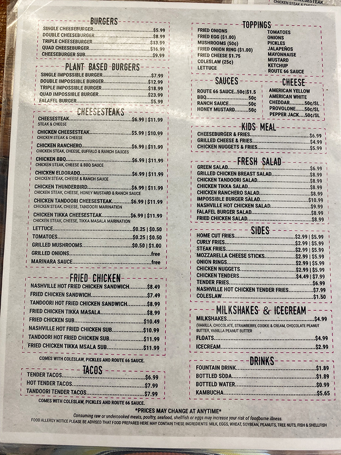 A menu that laughs at indecision. The cheesesteak section alone could keep you coming back weekly for a year.