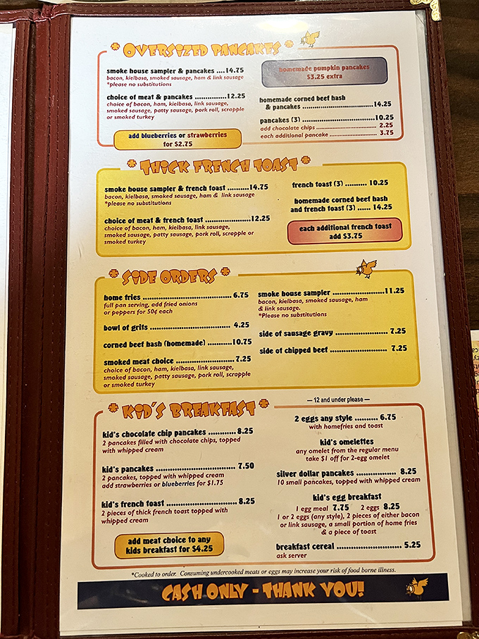 This isn't just a menu – it's a roadmap to happiness. "Oversized Pancakes" isn't marketing speak; it's a delicious warning your belt might need loosening.