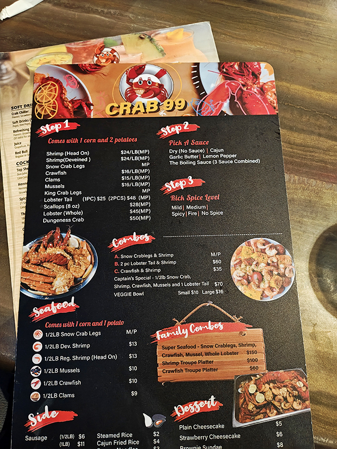 The menu reads like a love letter to seafood enthusiasts – a three-step journey from selection to satisfaction.