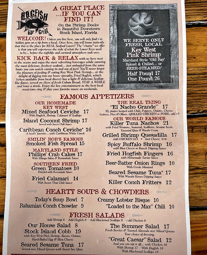 This menu isn't just a list of dishes—it's a treasure map where X marks the spot for "Killer" hogfish sandwiches and conch fritters.