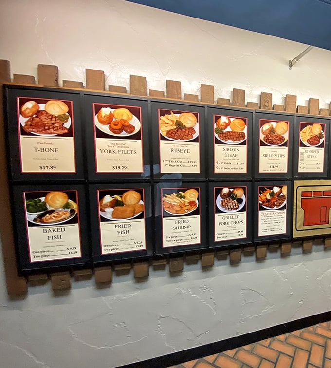 The menu board is a beautiful throwback—illuminated food photos that somehow make everything look simultaneously mouthwatering and like it's 1978. Those prices, though!
