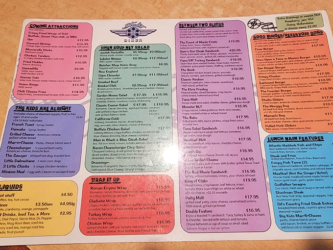 A colorful menu that reads like a love letter to classic American comfort food done right.
