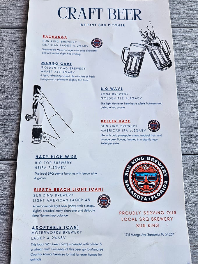 A craft beer menu that reads like a love letter to Florida brewing—each description making you thirstier than the last.