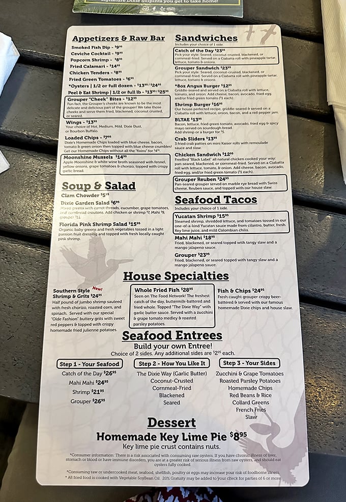 This menu reads like a love letter to seafood. The "build your own entrée" option is basically a Choose Your Own Adventure for grown-ups.
