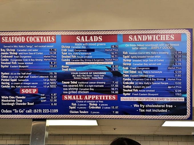 The menu board reads like poetry to seafood lovers—a siren song of crab sandwiches, seafood cocktails, and chowders that's impossible to resist.
