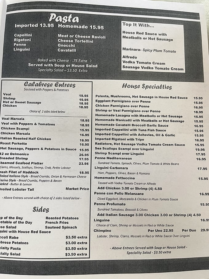A menu that reads like an Italian grandmother's love letter to comfort food, offering everything from homemade pasta to Old Forge's famous rectangular pizza.