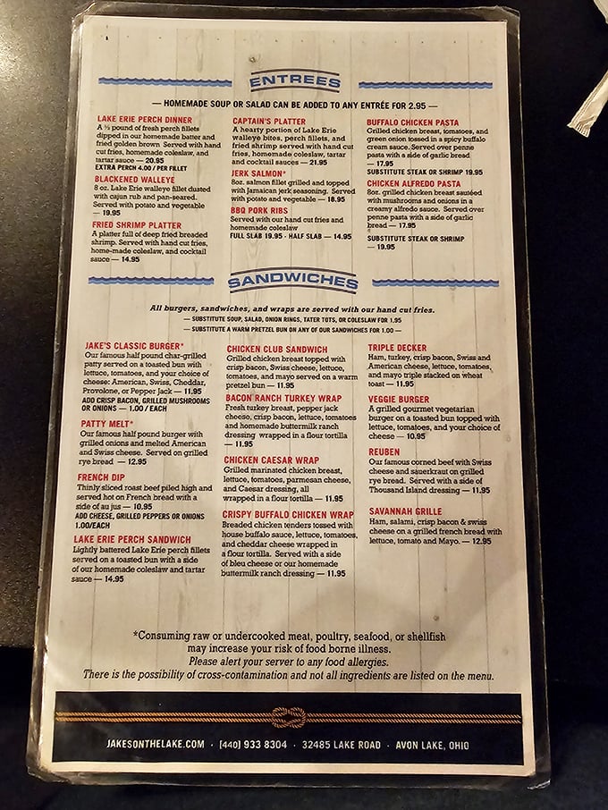 This menu isn't just a list of dishes—it's a roadmap to Lake Erie's finest offerings, with seafood taking center stage alongside hearty landlubber fare.