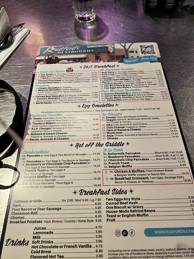 This menu isn't just laminated—it's a treasure map to breakfast nirvana. The 24/7 breakfast section alone deserves its own zip code.