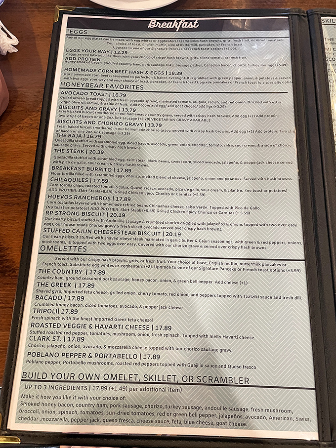 The menu reads like a love letter to breakfast enthusiasts—each description a promise that whatever morning blues you have will soon be smothered in something delicious.