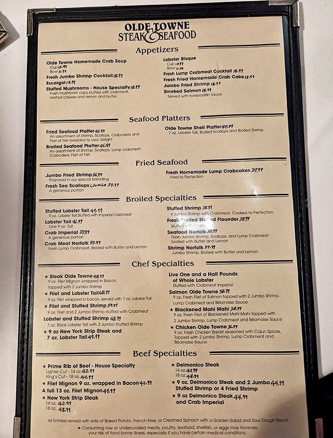 This menu isn't just a list of dishes – it's a roadmap to happiness. The Delmonico steak beckons like an old friend who always has the best stories.