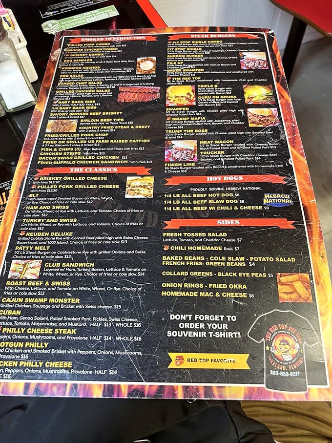 This menu isn't just a list of food—it's a roadmap to happiness. From brisket to burgers, each option whispers sweet temptations to your growling stomach.