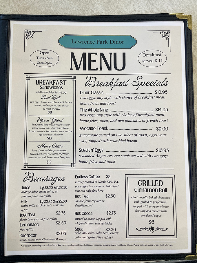 A menu that doesn't need smartphone-sized fonts or QR codes—just straightforward comfort food that's been perfecting mornings since Truman was president.