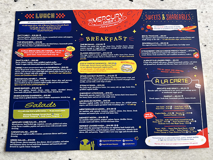This isn't just a menu—it's a star chart mapping your journey through breakfast galaxies, lunch constellations, and the nebula of "Sweets & Shareables."