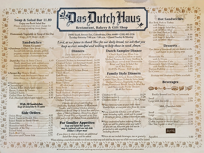 This menu isn't just a list of food—it's a roadmap to comfort. Notice the prayer at the top, reminding us that some traditions never go out of style.