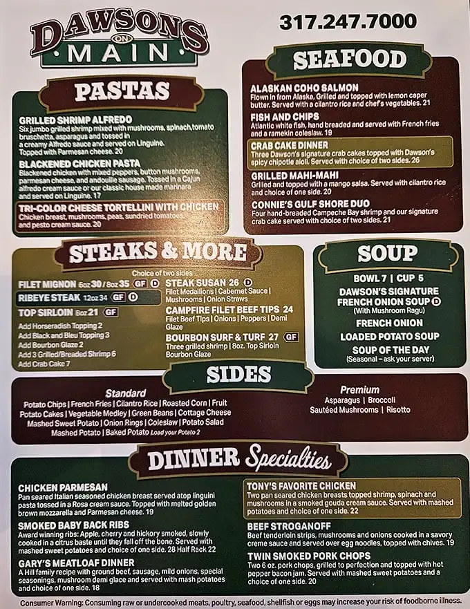 A menu that reads like a love letter to Midwest comfort food, with enough seafood and steak options to make you question everything you thought you knew about Indiana dining.