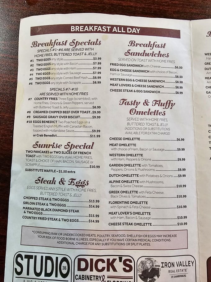 A menu that reads like comfort food poetry. Breakfast all day isn't just a promise—it's practically a constitutional right in Pennsylvania.