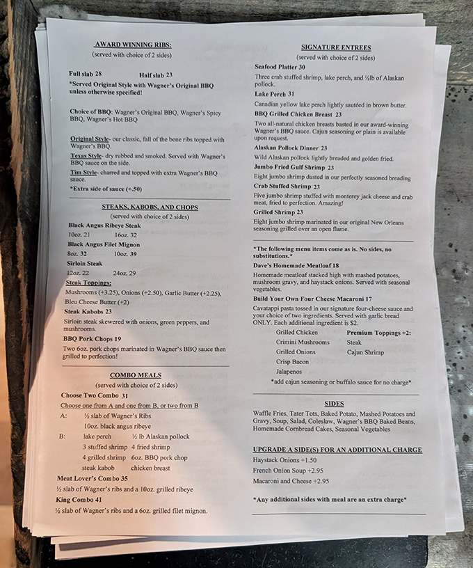 The menu reads like a love letter to carnivores, with ribs taking center stage in three glorious variations.