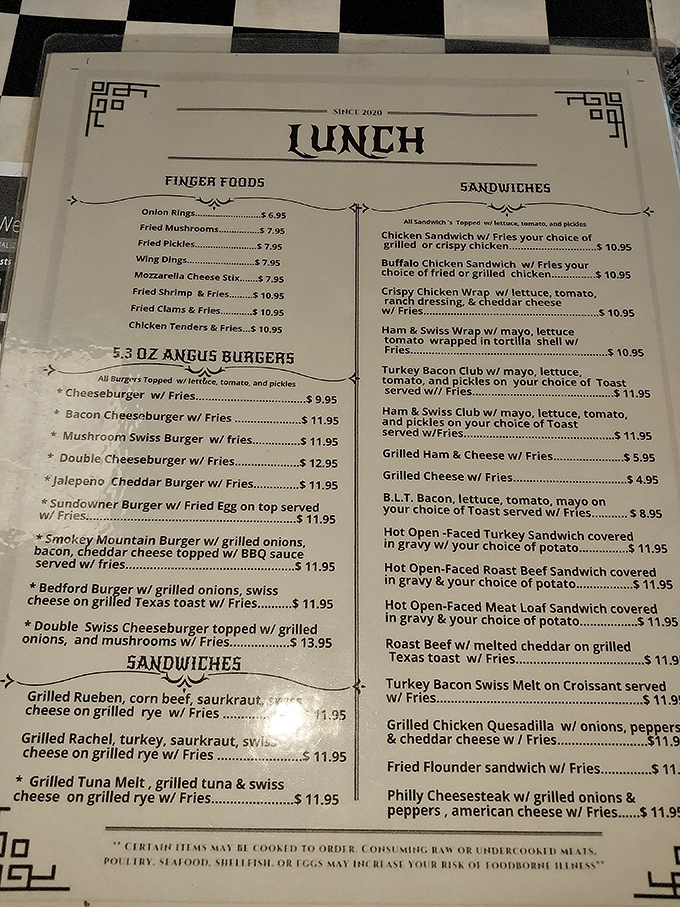 A menu that reads like a love letter to American comfort food. No molecular gastronomy here, just honest dishes that your stomach will thank you for.