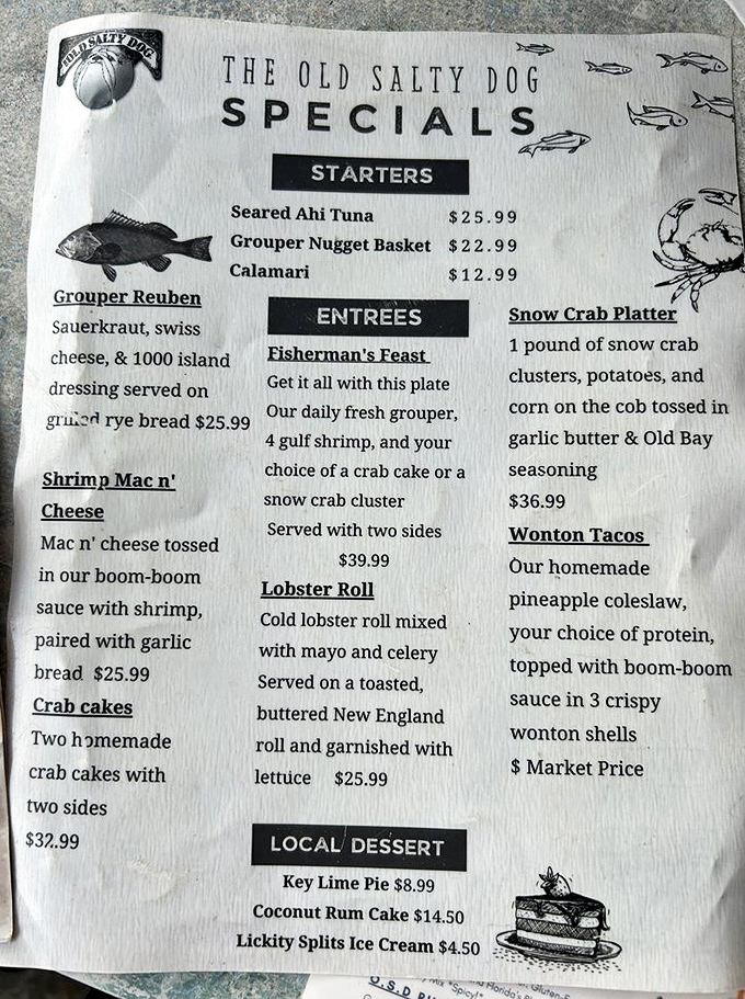 This menu isn't messing around—from Grouper Reubens to Snow Crab Platters, it's like a greatest hits album of seafood classics with Florida flair.