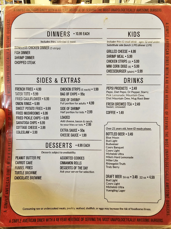 This menu isn't just a list of food—it's a roadmap to happiness with "unapologetically awesome burgers" as the final destination.