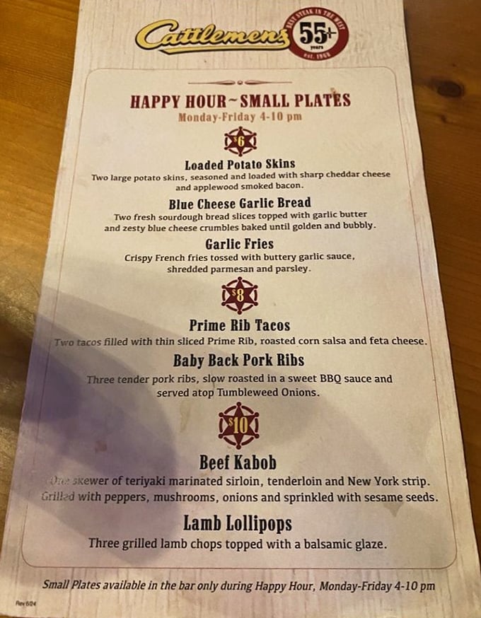 The happy hour menu reads like a love letter to comfort food—those Prime Rib Tacos aren't just appetizers, they're tiny flavor festivals waiting to happen.