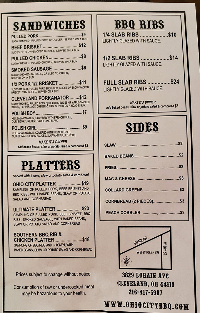 A menu that cuts straight to the chase—no fancy descriptions needed when your barbecue speaks this eloquently.