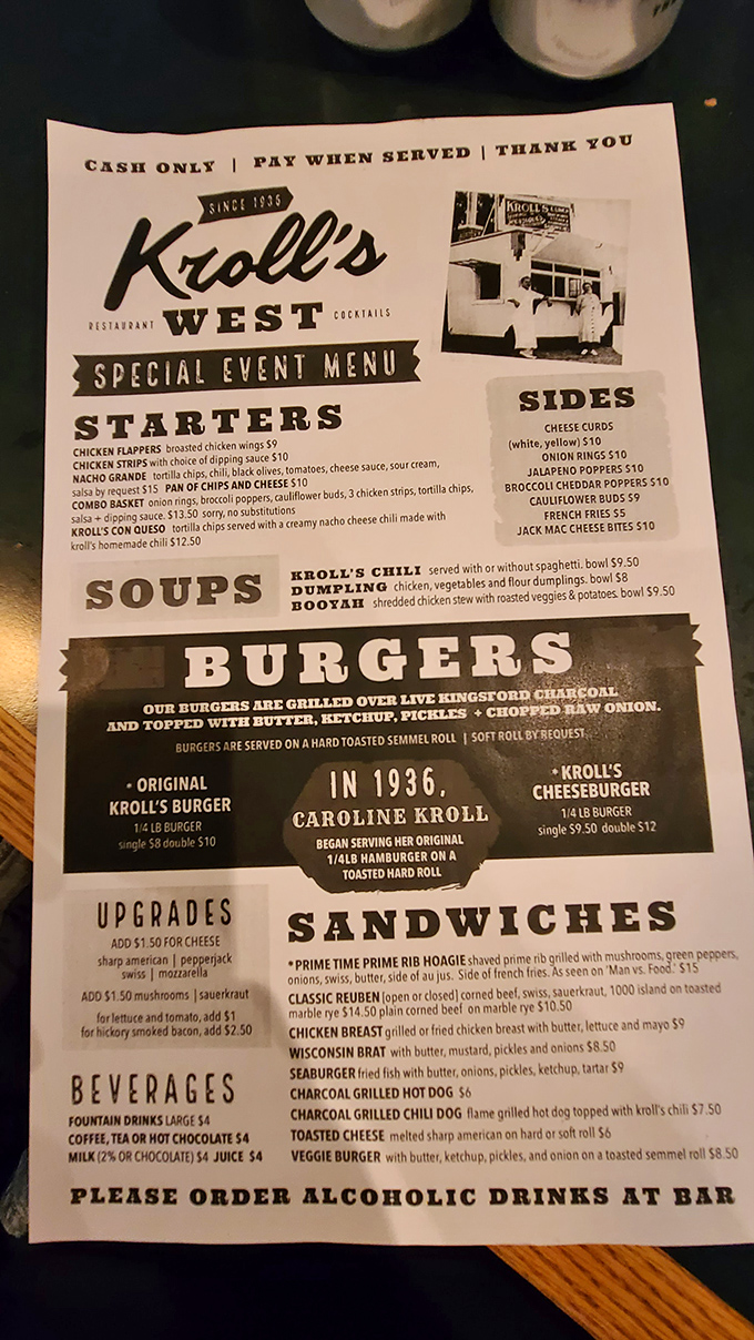 This menu tells a story of Wisconsin culinary tradition—where burgers are still grilled over live charcoal and butter is never considered optional.