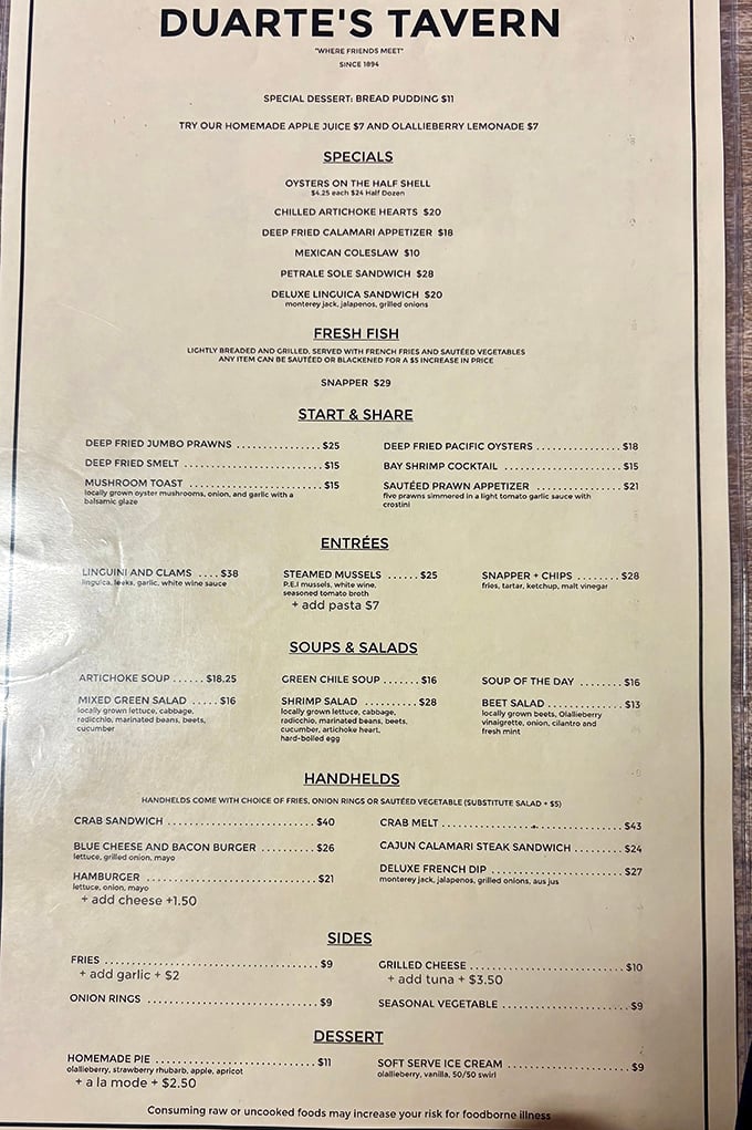 The menu reads like a coastal California greatest hits album, starring the legendary crab melt that's worth every mile of your journey.